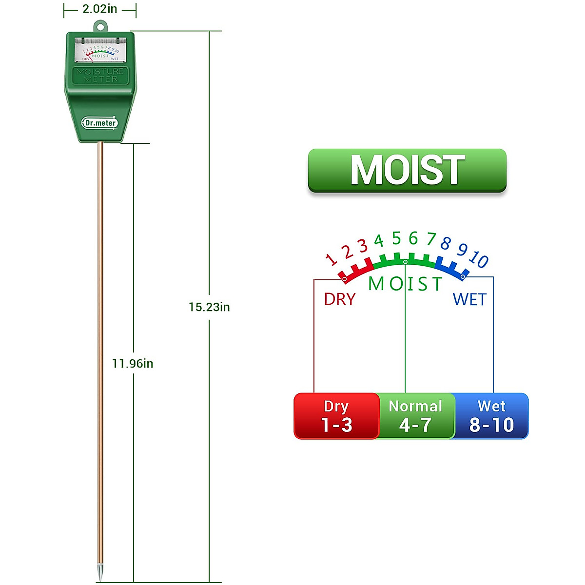 Dr.meter Soil Moisture Meter Tester for Plants, Long Probe Hygrometer Moisture Sensor for Houseplants Indoor Outdoor Garden Lawn Use - Plant Water Gauge Test Kit - No Battery Needed - Gardening Gifts