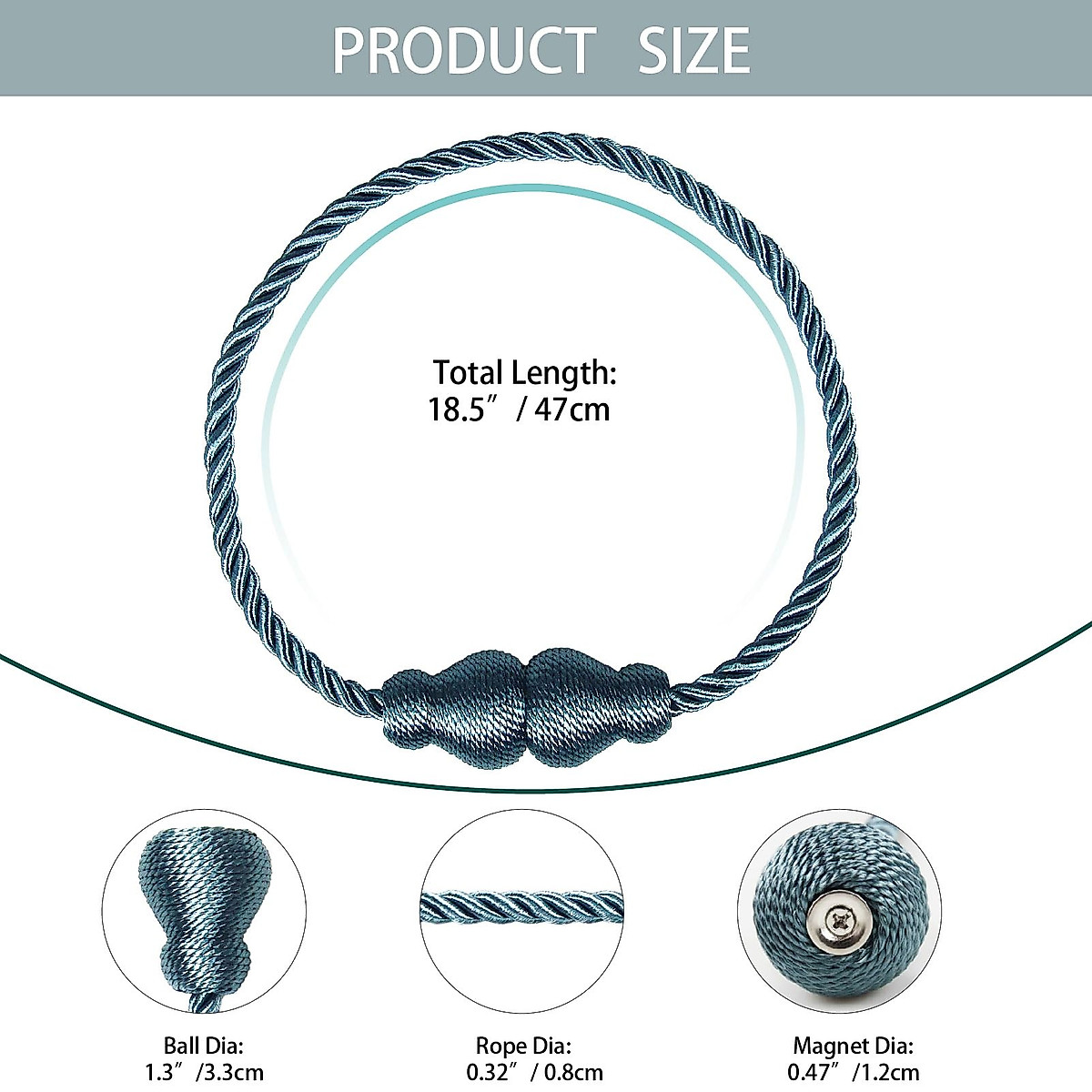 Nieffeiy Magnetic Curtain Tiebacks 2Pack Outdoor Curtain Tie Backs Rope Decorative Magnetic Curtain Holders for Drapes Window Treatment Holdbacks, Blue