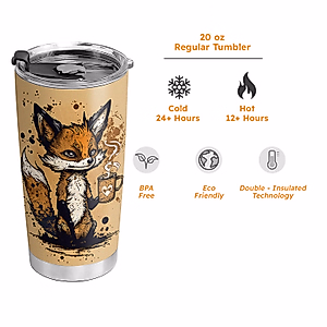 20oz Vintage Coffee Fox Tumbler, Gifts for Fox Lovers, Coffees Thermos for Women, Stainless Steel Double Wall Vacuum Insulated Coffee Mug, Travel Cup with Lid