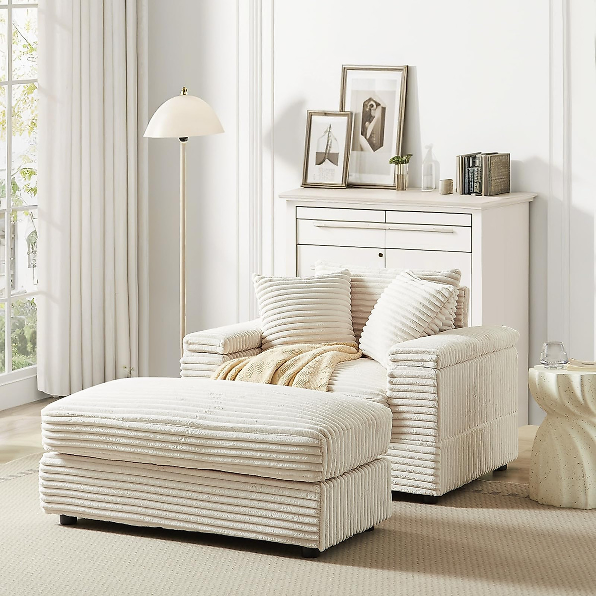 Chaise Lounge Chair Indoor, 43.3 Inch Comfy Corduroy Sectional Cloud Couch, Upholstered Single Sofa w/Movable Ottoman for Living Room, Bedroom, Apartment, Beige