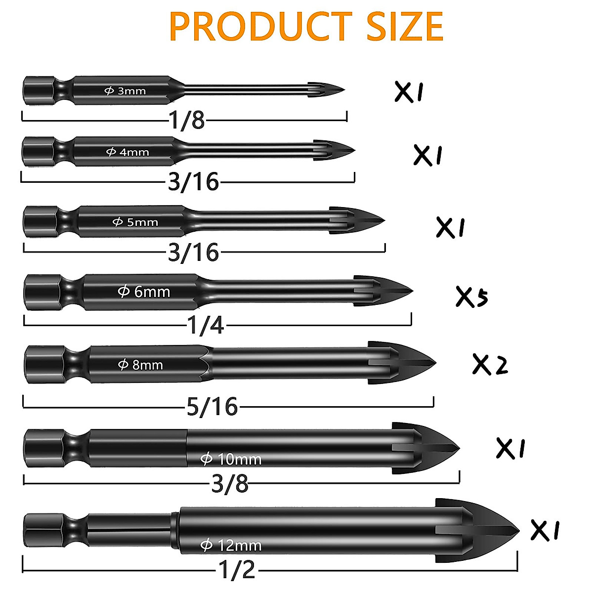 12 Pieces Glass Concrete Drill Bit Set Masonry Drill Bits for Brick, Tile, Plastic and Wood, Tungsten Carbide Tip for Wall Mirror and Ceramic Tile on Concrete and Brick Wall 3-12Mm (Black,3-12 Mm)
