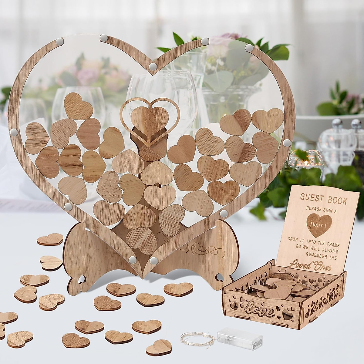 Arespark Wedding Guest Book Alternative, Wood Heart Drop Guest Book for Guests to Sign, Rusitc Wedding Decoration Set for Wedding Reception Baby Shower Birthday Graduation Party Memorial Days