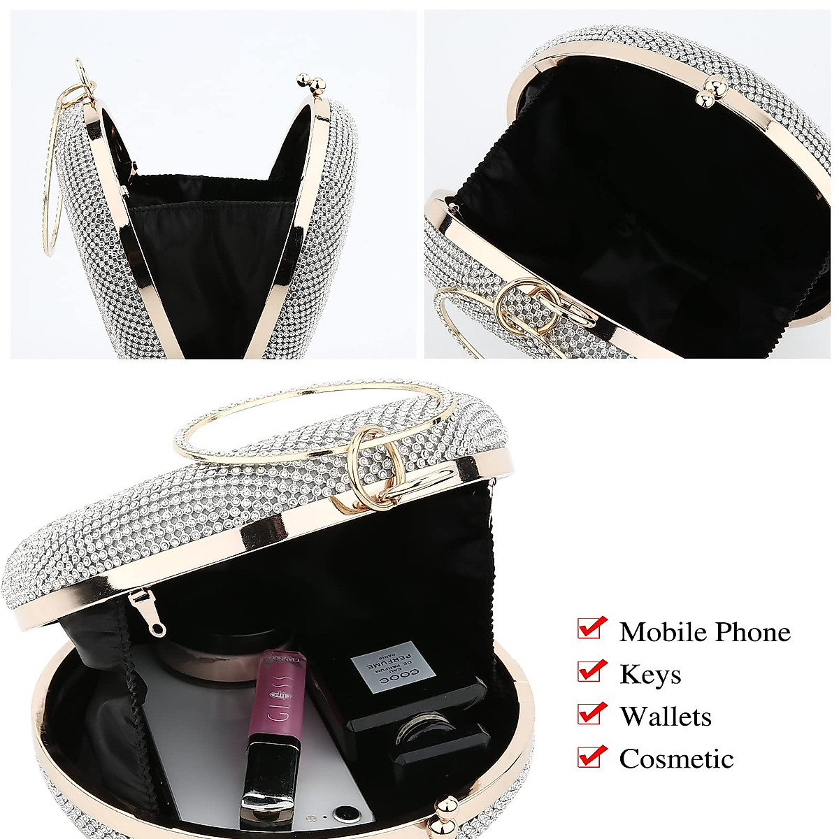 UBORSE Round Rhinestones Clutch Purse for Women Formal Evening Bag Sparkly Wedding Bridal Clutch Purse Prom Party Handbag Silver