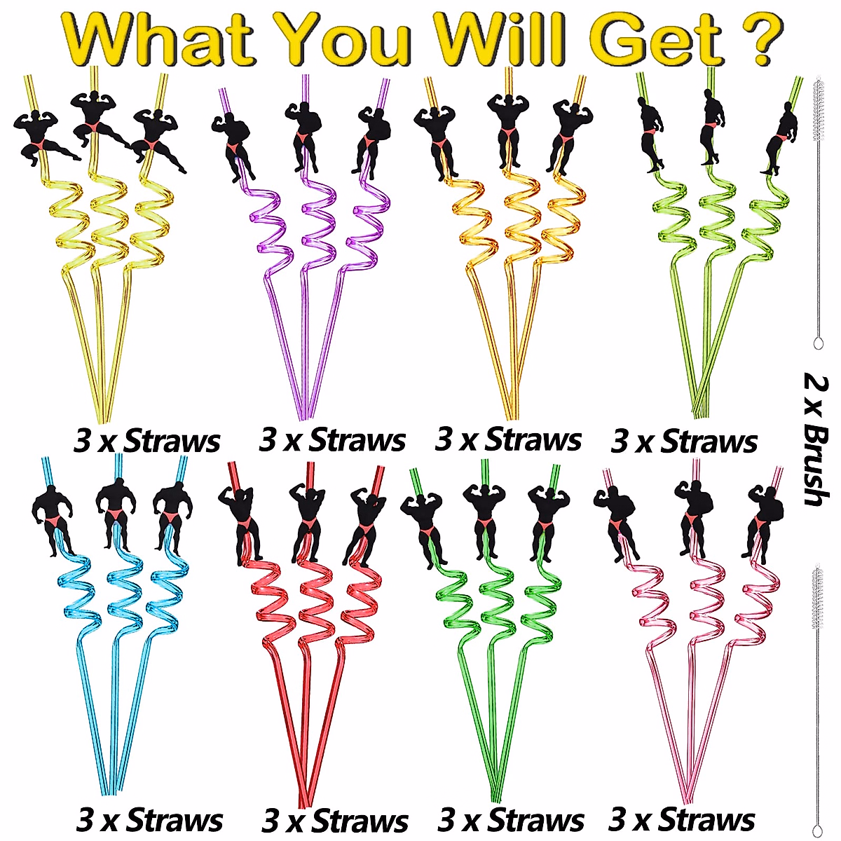 24pcs Bachelorette Party Favors Pink Stripper Dancing Men,Reusable Crazy Swirl Straws,Bachelor Straws,Mexican Mermaid Naughty Party Drinks Cocktail Straws Party Supplies bodybuilding 8 color Straws