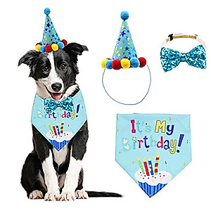 ADOGGYGO Dog Birthday Bandana Scarf and Dog Girl Boy Birthday Party Hat with Cute Dog Bow Tie for Small Medium Large Dog Pet (Large, Blue)