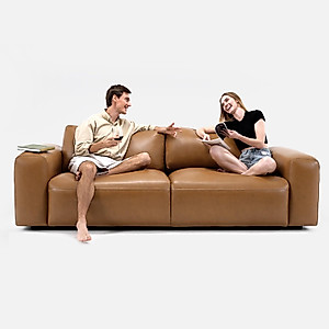 COLAMY 95Inches Oversized PU Leather Sofa for Living Room-Down Filled 3-Seater Modern Sofa with Extra Deep Seats, Wide Arm-Brown