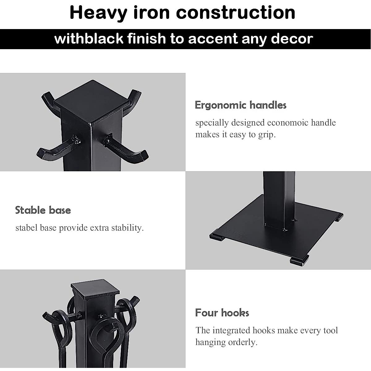 Hysache 5-Piece Fireplace Tool Set, Heavy Duty Wrought Iron Toolset w/Tong,Poker, Shovel, Brush, Indoor & Outdoor Hearth Wood Stove Firepit Accessories, Compact Fireplace Tool Set