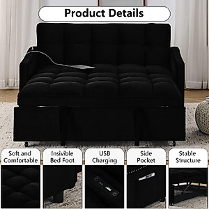 Keainvren Sleeper Sofa with Pocket Velvet Pull Out Sofa Bed with USB Charging Convertible Sofa Adjustable Backrest Loveseat Sofa Couch for Living Room, Office,Small Space (Black 5)