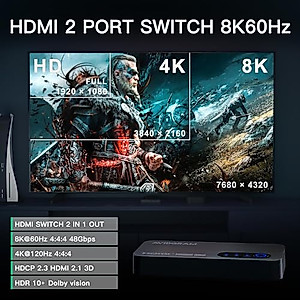 HDMI 2.1 Switch 8K, AVIDGRAM HDMI Switcher 2 in 1 Out, 2 Port 4K 120Hz Auto HDMI Selector Hub Support 8K@60Hz 48Gbps, Compatible with Xbox Series X, PS4 Pro, PS5, UHD TV, Monitor, Projector