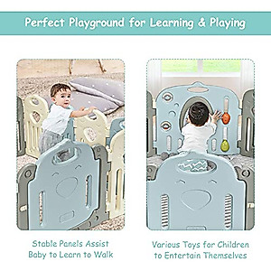 Costzon Baby Fence 14-Panel Baby Playpen, Kids Portable Play Yard Indoor Outdoor w/Walk-Through Locking Door, Game Panel, Non-Slip Rubber Bases, Adjustable Shape for Children Toddlers