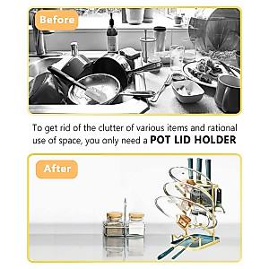 Pot Lid Organizer Rack, Pot Lid Holder for Cabinet and Counter, Kitchen Lid and Spoon Holder with Drip Tray (Gold)
