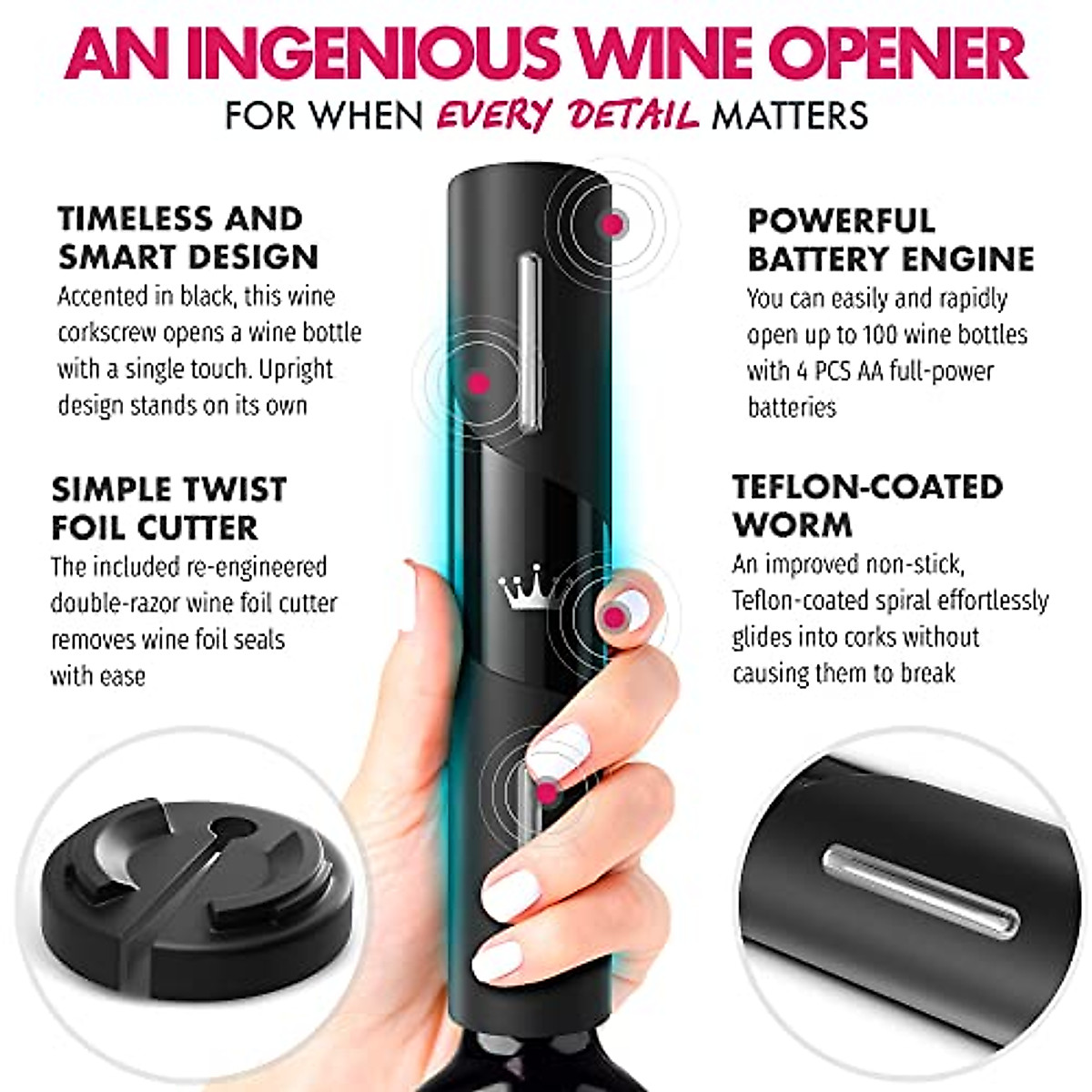 VINABON Electric Wine Opener - New 2023 Battery-Operated Electric Wine Bottle Opener with Wine Foil Cutter - One-Click Reusable Automatic Electronic Wine Opener Corkscrew. Includes WineGuide Ebook