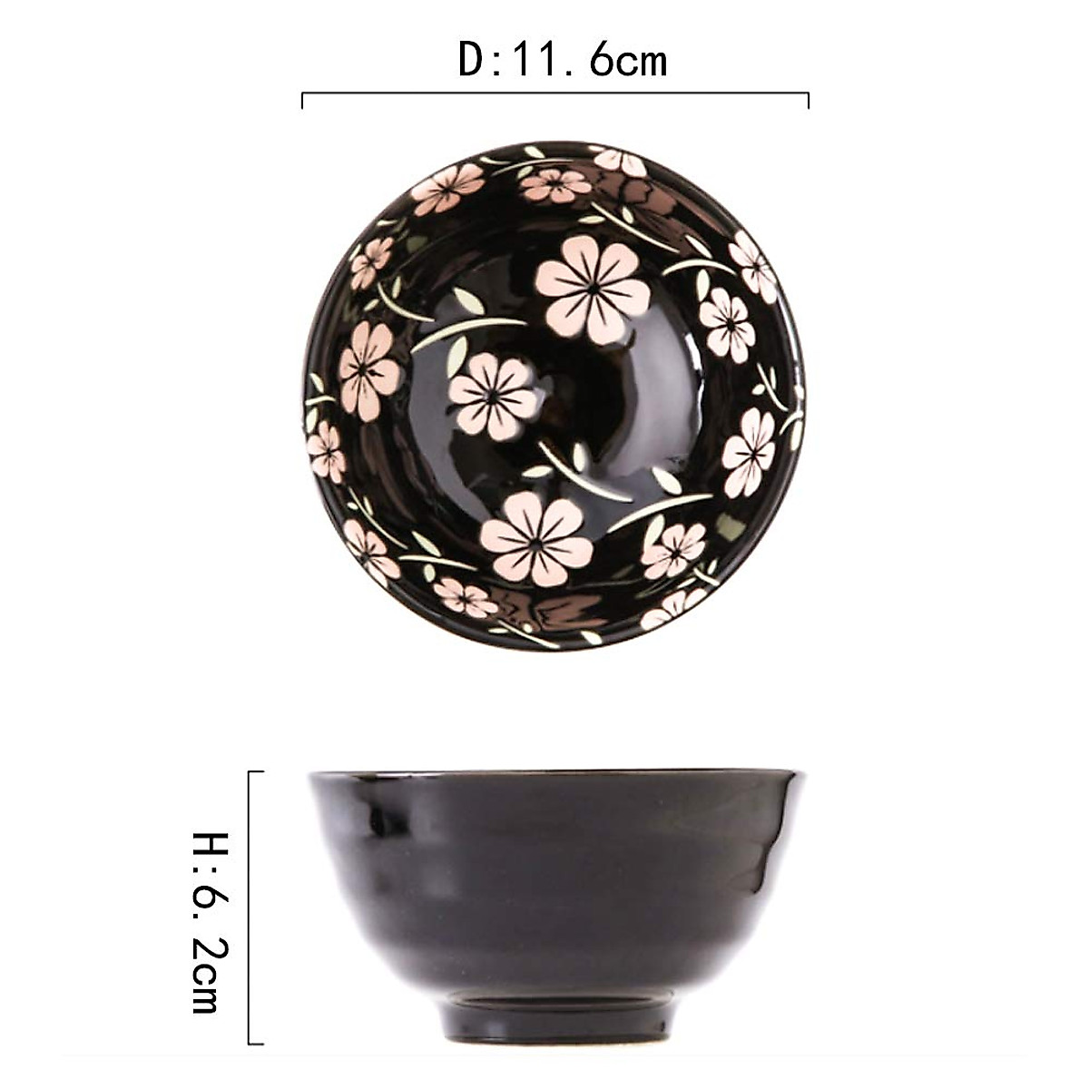 Whitenesser Japanese Style Rice Bowls set of 4, Ceramic Rice Bowls for Soup Cereal Oat (4, Black Sakura)