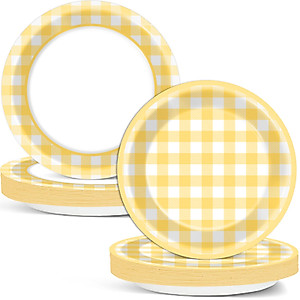 48Pcs Yellow Gingham Paper Dessert Plates Yellow and White Party Supplies Yellow Checkered Tableware Party Decorations Plaid Plates Dinnerware for Boys Girls Birthday Picnic Bride Shower Favor 7”