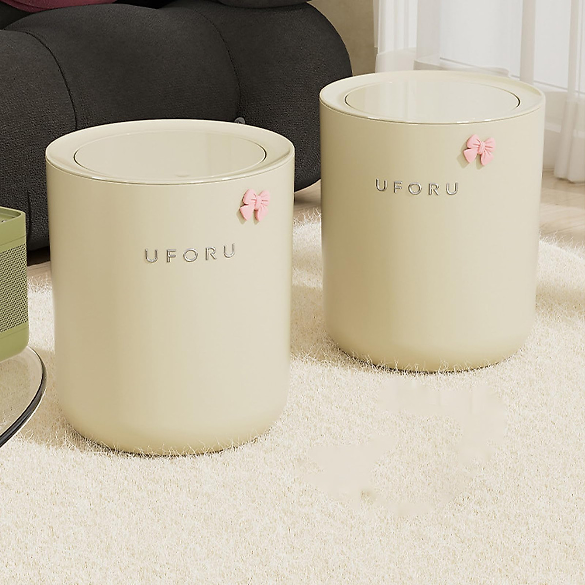 PPUMP Living Room Garbage Can, Round Trash Bin,Trash Can with Lid, Small Kitchen Garbage Can Cream Color, Vanity Wastebasket Trash Bin, Trash Bin, Cute Modern Waste Basket for Living Room Toilet