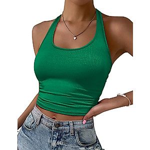 Ekouaer Women Halter Top Backless Scroop Neck Slim Stretchy Ribbed Knit Camisole Crop Tops(Green,S)