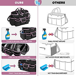 LoDrid Cleaning Caddy Bag with Handle and Shoulder Strap, Cleaning Supplies Organizer for Cleaning Work with 3 Compartments and Multifunctional Pockets, Black with Pink Edge