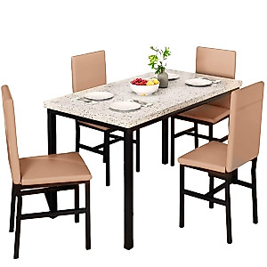 Hooseng Dining Table Set for 4, Space Saving Kitchen Table and Chairs Set of 4, 5 Pieces Faux Marble Dinette Dining Room Furniture Set with 4 Leather Chairs for Small Space, Khaki