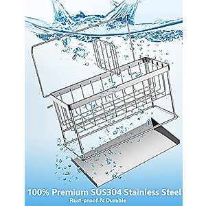 VOGWOLTH Sponge Holder for Kitchen Sink, Sink Caddy Kitchen Sponge Holder for Dish Rags Brush Soap Scrubber, Stainless Steel 304 Counter Organizer with Auto Drain Tray