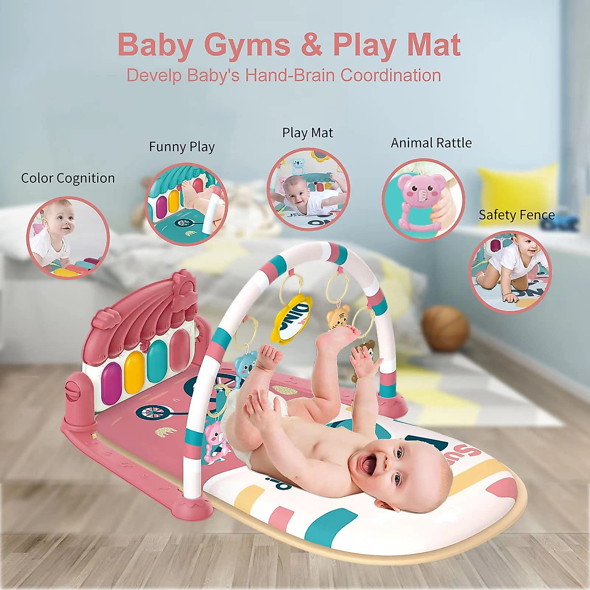 dearlomum Baby Play Mat Baby Gym, Piano Tummy Time Baby Activity Gym Mat with 5 Infant Learning Sensory Baby Toys, Music and Lights Boy & Girl Gifts for Newborn Baby 0 to 3 6 9 12 Months(Pink)