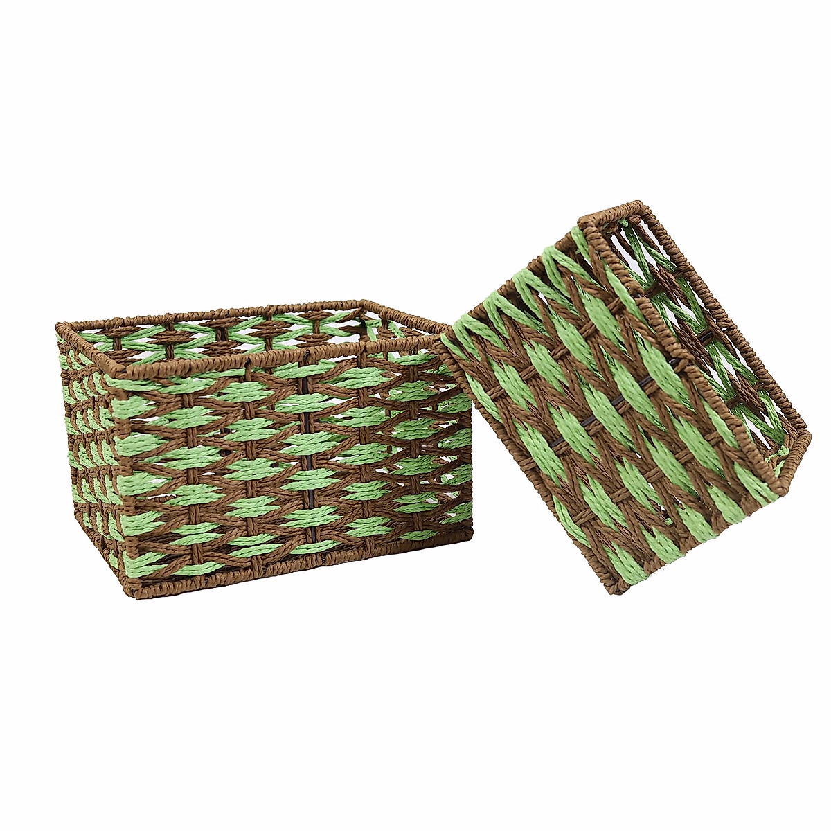 Gzsekken Wicker Storage Baskets, Woven Paper Rope Storage Bins (Set of 2),Decorative Wicker Baskets with Liner for Makeup Bedroom Shelves Organizing,Home Deco, Brown&Green