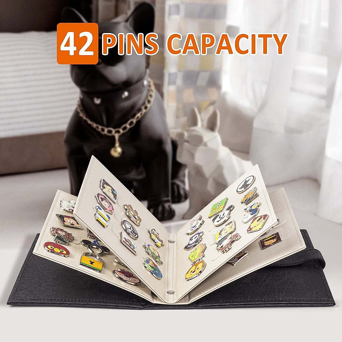 Enamel Pin Display Book, Portable Pin Trading Book, to Display and Trade Your Disney Pins, 42 Pin- Capacity, Leather Pin Holder, Fits Rubber Pin Back, Black