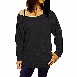 Blouse for Women THENLIAN Women Off Shoulder Sweatshirt Long Sleeve Pullover Casual Tunic Tops Blouse (Black, XL)