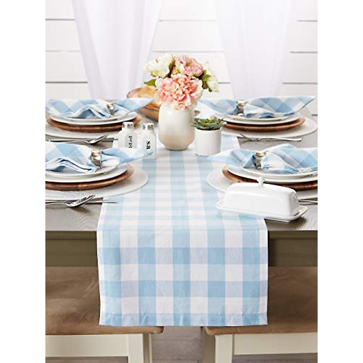 DII Buffalo Check Collection, Classic Farmhouse Table Runner, 14x72, Light Blue & White