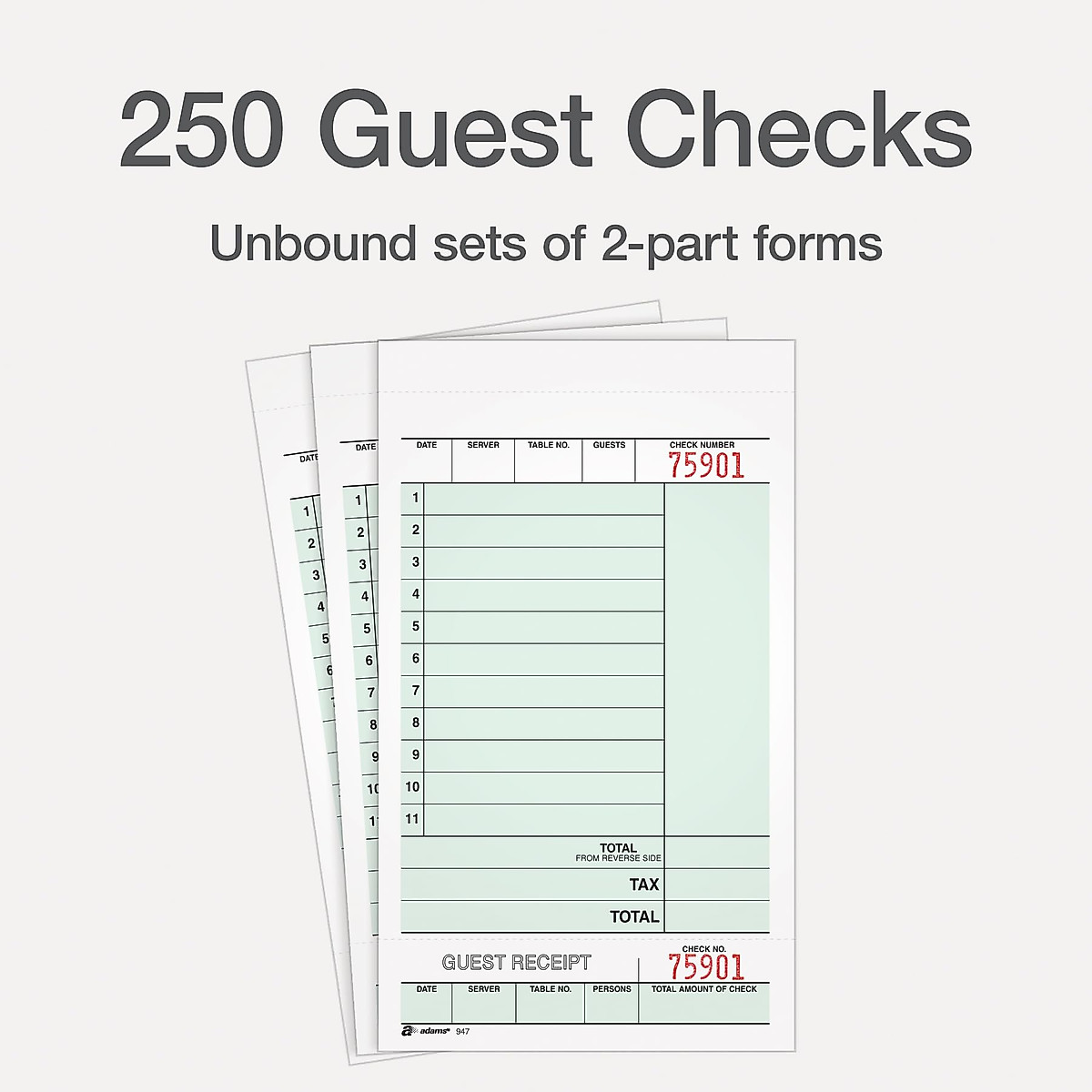 Adams Guest Check Unit Sets, 2-Part, Carbonless, White Bond/Tag, 4-1/4 x 7-1/4 Inches Detached, 250 Sets/Pack (947SWC)