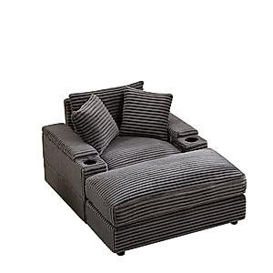 FANYE Oversized Single Sectional Sofa Couch Soft Corduroy Upholstered Modular Sleeper Daybed Deep Seat Chaise Sofa&Couch with Movable Ottoman, Cupholders and Storage Armrests