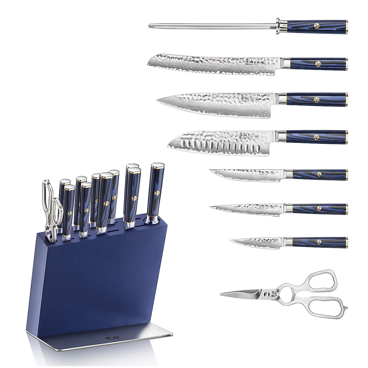 Cangshan Kita Series High Carbon X-7 Damascus Steel 12-Piece Knife Hua Block Set, Ash Wood, 501790 (Blue, 12pc)