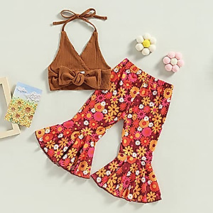 Toddler Baby Girl Two Piece Outfit Floral Bell Bottoms Short Sleeve T Shirts Flare Bottom Pants Girl Summer Clothes Set (Ribbed Brown, 12-18 Months)