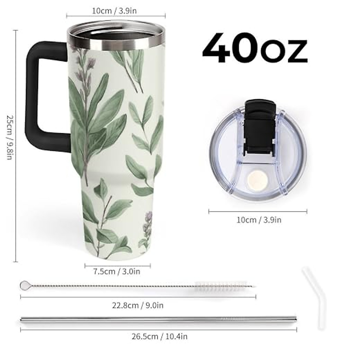 40 Oz Vacuum Tumbler with Black Handle Leakproof Insulated Tumbler Green Flower Herb Sage Leaves Stainless Steel Travel Mug with Lid And Straw Coffee Cup Cute Water Bottles Cup Holder Friendly