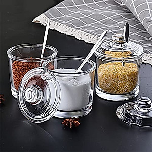 ZEAYEA Set of 2 Clear Glass Sugar Bowl, 6 Ounce Seasoning Box Condiment Pots with Spoon and Lid, Sugar Spice Salt Canister for Home Kitchen, Coffee Bar, Restaurant