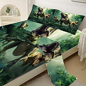 VTKON Dinosaurs Bed Sheets Twin for Boys Easy Care Dinosaur Bedding Set 3D Green Realistic Dinosaur Sheets Kids Soft Microfiber Bedding Sheets Set with 1 Fitted Sheet 1 Flat Sheet and 1 Pillowcase