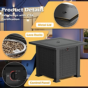 Greesum 28 Inch Outdoor Gas Fire Pit Table, 50,000 BTU Steel Propane Firepit with Lid and Lava Rock, Imitation Rattan Weave Texture, Add Warmth and Ambience to Parties On Patio Garden Backyard, Black