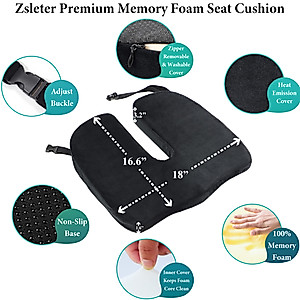 Upgraded Coccyx Cushion for Tailbone Pain-Longer 10 Inch U-Cutout,Memory Foam Seat Cushion for Tailbone Pain Relief,Suitable for Office Chair,Car Seat,Computer Desk Sciatica & Back Pain Relief Pad