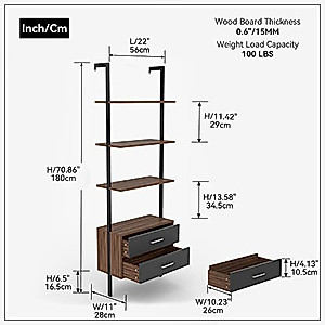 DREAMODERN Modern Bookshelf with Drawers, 4-Tier Open Bookcase Tall Wall Mount Ladder with Steel Frame -Brown
