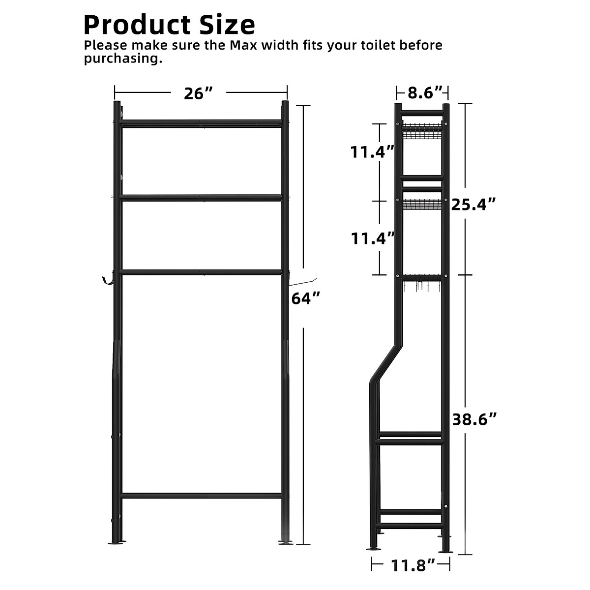 Livilord Over Toilet Storage Shelf, 3-Tier Freestanding Over The Toilet Storage, Metal Bathroom Shelves with Paper Holder and 4 Hooks, Above Toilet Shelf for Bathroom Storage, Black