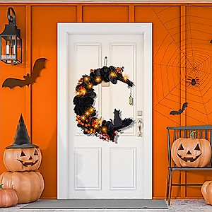 Ceenna Halloween Wreaths Moon Cat Wreath with Rose Cat Door Wreath Cute Cat Garland Light up Moon Cat Wreath with Rose for Front Door Indoor Outdoor Window Farmhouse Porch Wall (Orange Berry)