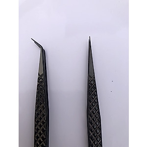 Lash Tweezers for Eyelash Extensions | Stainless Steel - Diamond Grip Straight & 45 Degree Volume | Tip with Free Mirror for Women, Makeup, Lashing, Fans Professional Tool Kit 14 cm Black