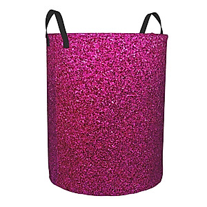 Large Laundry Hamper Bag, Collapsible Laundry Basket Faux Hot Pink Glitter Sparkle Dirty Clothes Storage Washing Bin for Bathroom, Dorm Essentials