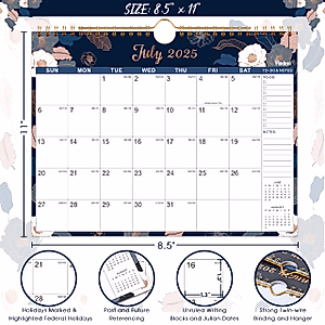 2025-2026 Calendar - Wall Calendar 2025-2026, Jul.2025 - Dec.2026, 8.5" x 11", 2025-2026 Wall Calendar with Twin-Wire Binding, Hanging Hook, Unruled Block - Engraved Art Floral