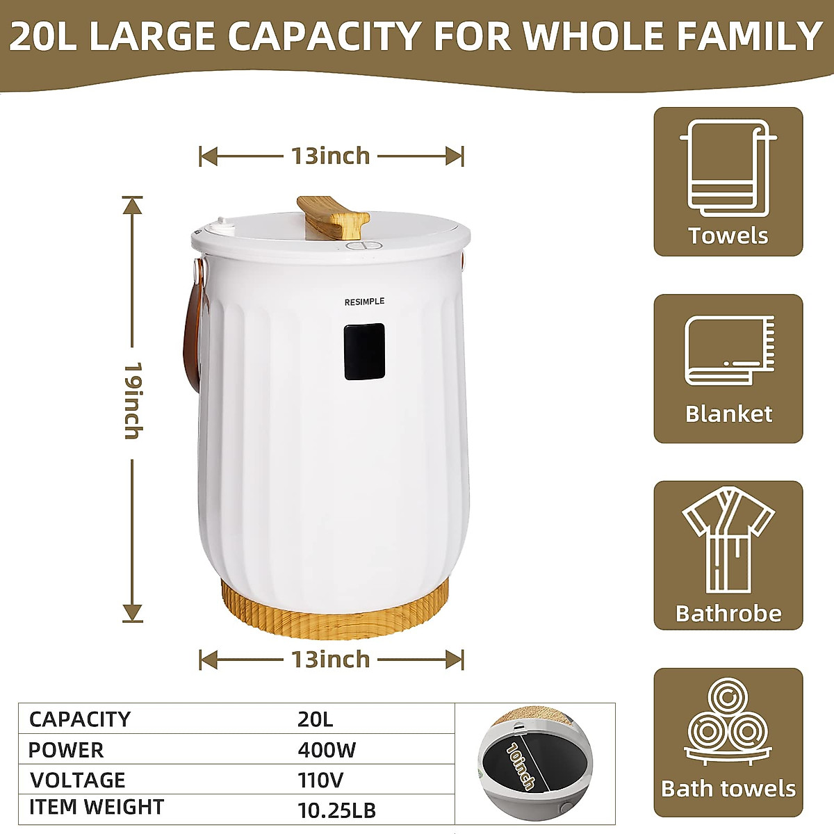 RESIMPLE Towel Warmer Bucket, Luxury Hot Towel Blankets Warmer Bucket-Style for Bathroom 20L Large Towel Heater with Fragrant Disc Holder, Auto Shut Off, Fits Up to Two 40"X70" Oversized Blankets