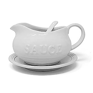 24 Oz Gravy Boat, Tray and Ladle | Ceramic White Gravy Dish With The Word "Sauce" On It