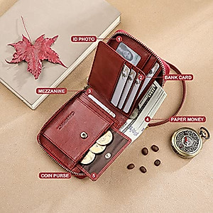 MANBANG RFID Wallets for women Genuine Leather Zipper Purses Secure Large Capacity Multi-card Wallets Clutch Travel Wristlet (Red)