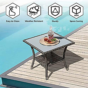 Verano Garden Outdoor Side Table, 20" Square Wicker End Table, Tempered Glass Top Coffee Table with Storage, Aluminum Frame-Gray