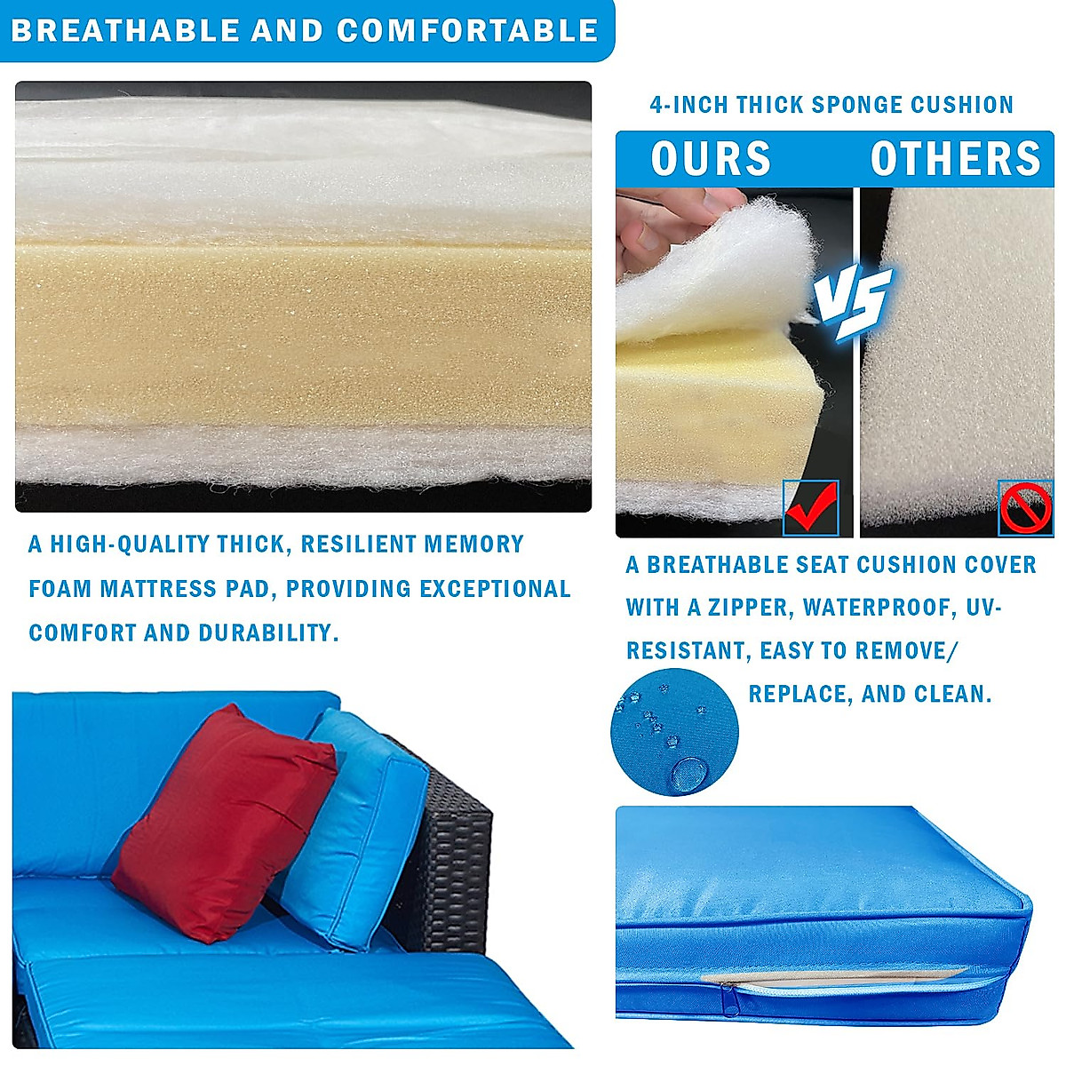 ECOLINEAR 6 Pieces Patio Furniture Set, Outdoor Sectional Wicker Patio Couch, All Weather Rattan Outdoor Furniture with Tea Table and Waterproof Cushions (Blue)