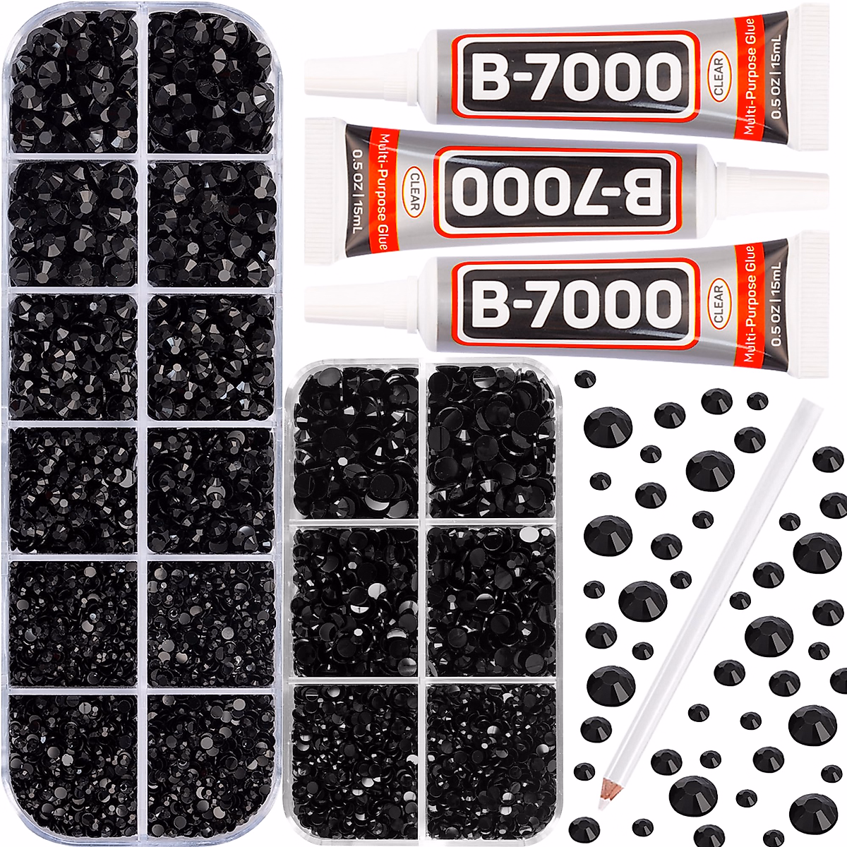 b7000 Glue with 7500Pcs Black Rhinestones for Crafts Clothes Clothing Fabric, Shiny Black Flatback Crystals for Shoes Shirt Cloth Bows,Flat Back Diamonds Set Bedazzle Gems kit Jewels 2-5mm 4 Sizes Mix