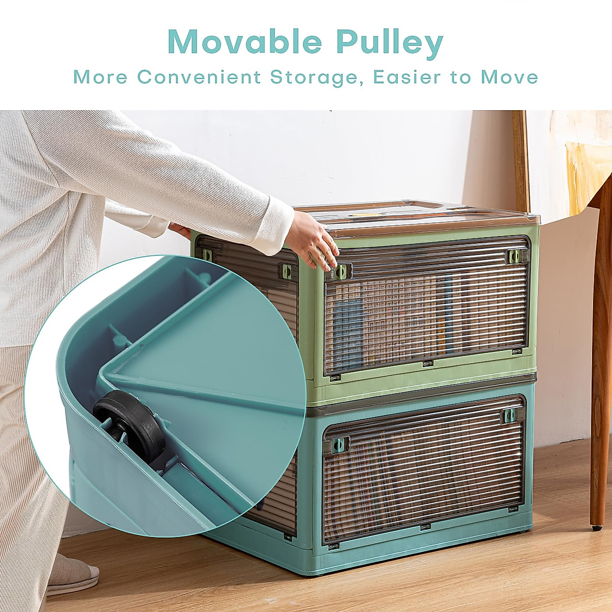 ANMINY 6PCS Lidded Plastic Storage Bins 89QT 5-Door Collapsible Stackable Portable Crate Clear Storage Box Bulk Container Basket with Wheels Handles Lid for HomeTravel Car Truck - Green, Extra Large